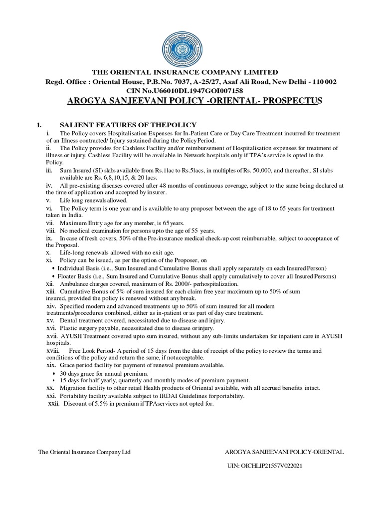 Arogya Sanjeevani Policy - Prospectus | PDF | Insurance | Intensive ...