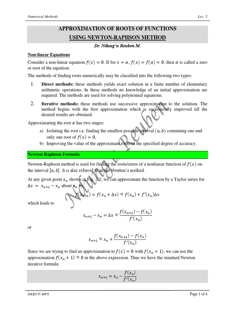 Approximating Roots Of Nonlinear Functions Using The Newton Raphson Method Pdf Numerical