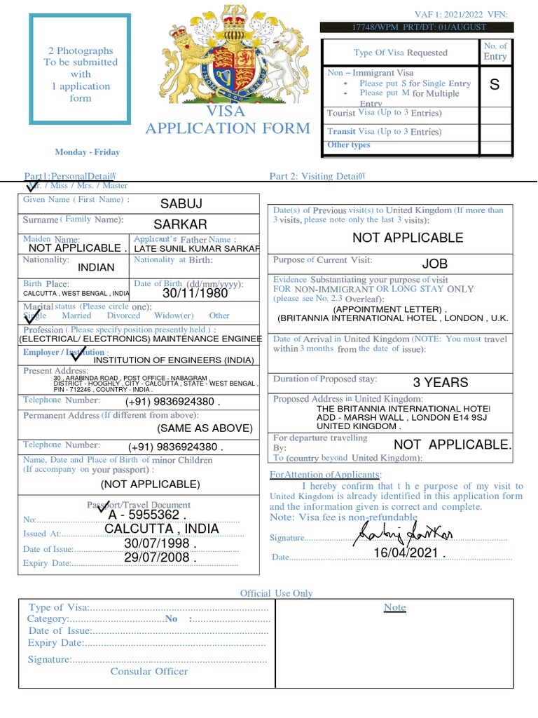 (Duly FILLED - IN) VISA APPLICATION FORM. STANDARD (2021) . | PDF ...