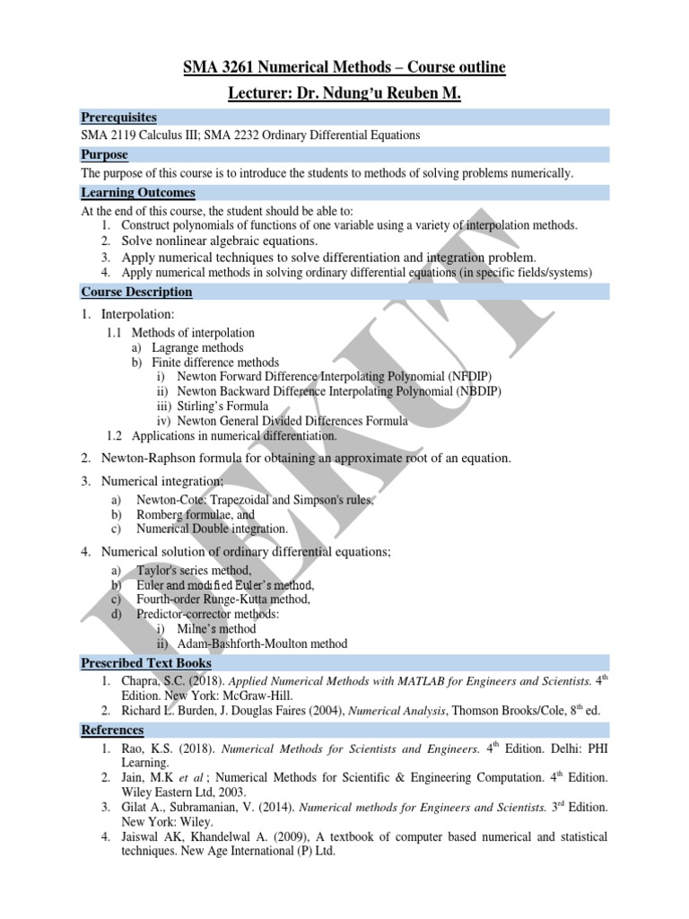 Numerical Methods Course Outline | PDF