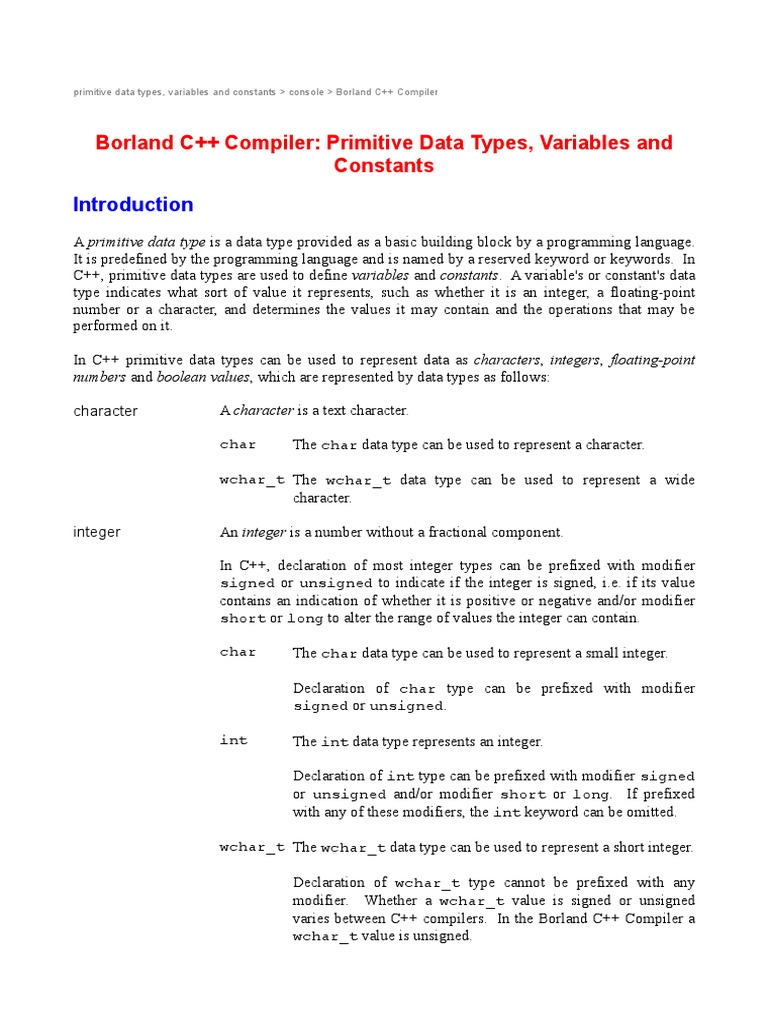 Borland C++ Compiler: Primitive Data Types, Variables and Constants | PDF | Data Type | Integer ...