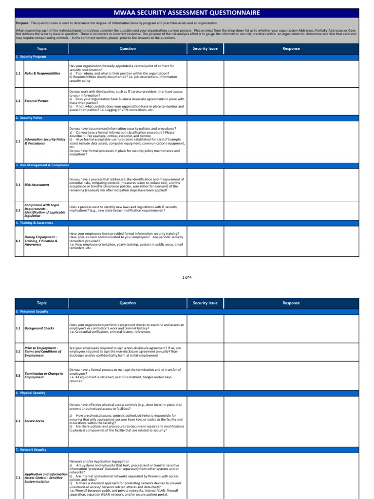 Mwaa Security Assessment Questionnaire: Topic Security Issue Response ...
