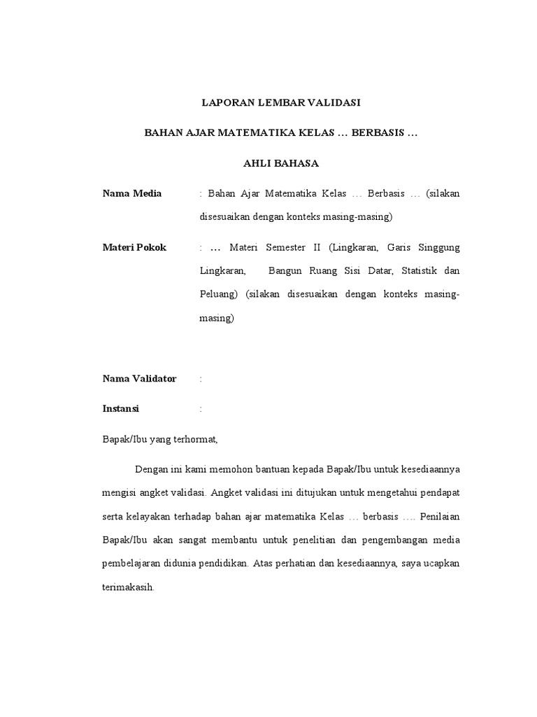 Contoh Lembar Validasi Ahli Bahasa | PDF