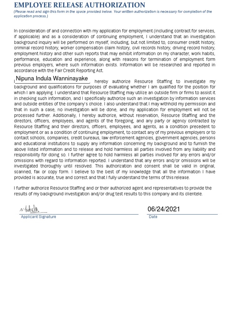 Employee Release Authorization | PDF | Background Check | Credit History