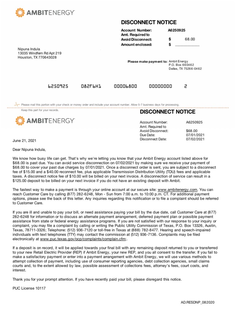 Disconnect Notice: Nipuna Indula 13035 Windfern RD Apt 219 Houston, TX ...