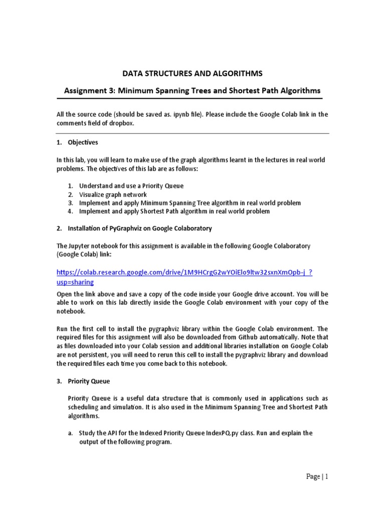 Data Structures And Algorithms Assignment 3 Minimum Spanning Trees And Shortest Path Algorithms