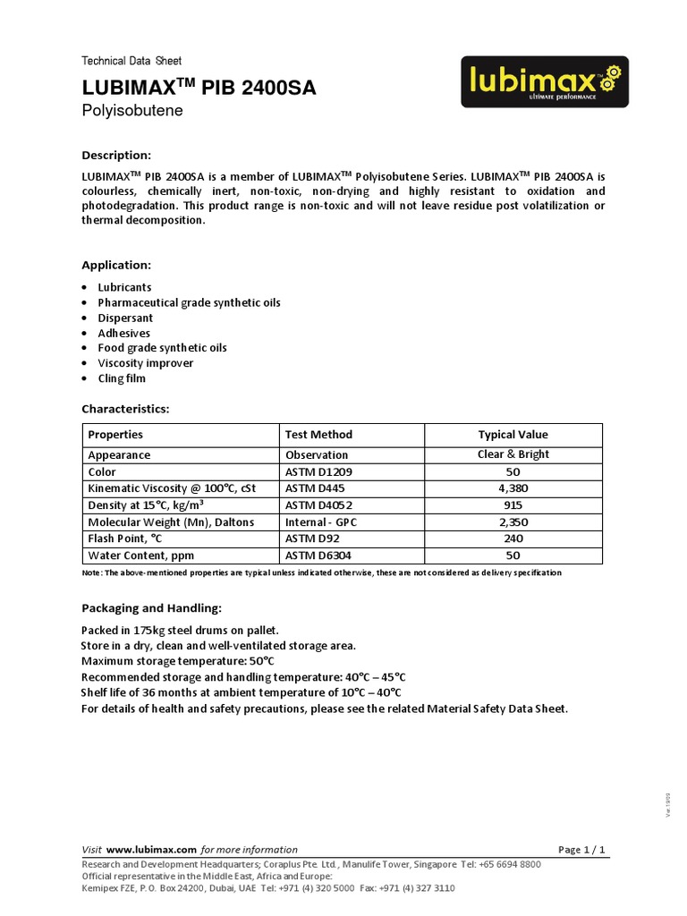 Lubimax Pib 2400sa - TDS | PDF | Viscosity | Physical Sciences