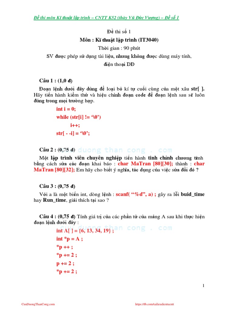 Ky-Thuat-Lap-Trinh - Vu-Duc-Vuong - De-Thi-Ktlt - De-1 - (Cuuduongthancong - Com) | PDF