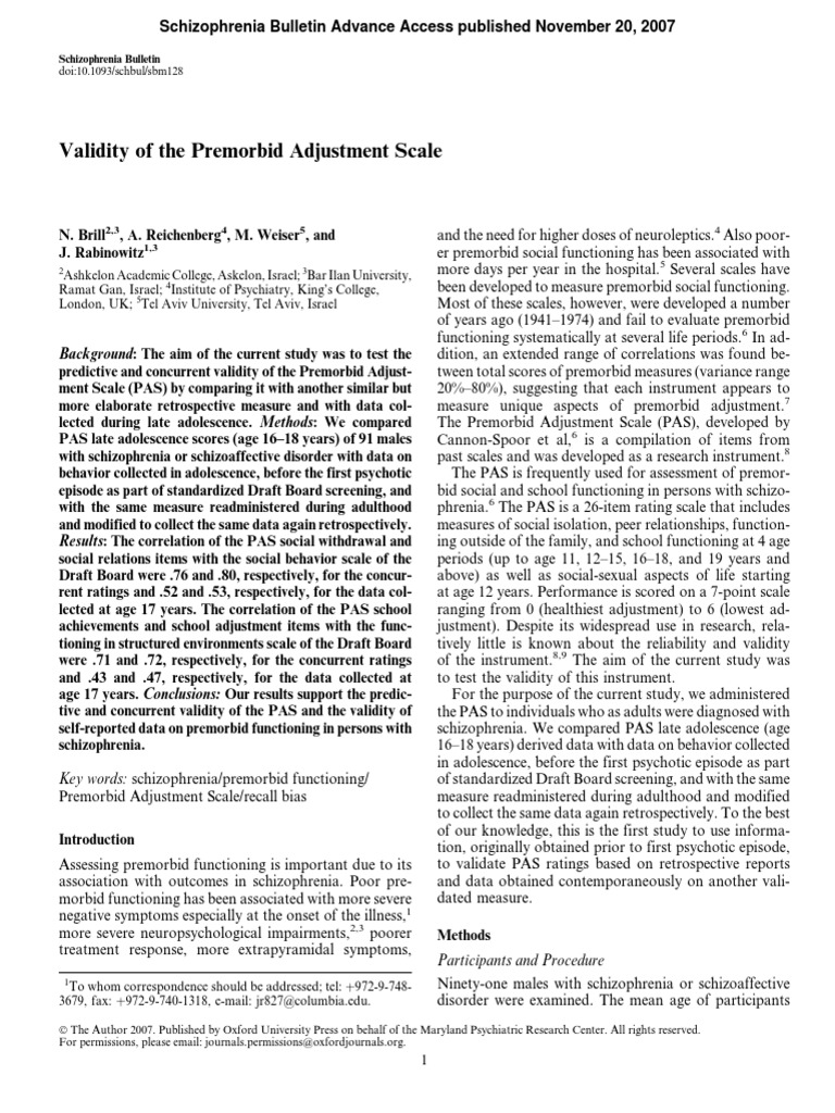 PAS Premorbid Adjustment Scale | PDF | Validity (Statistics ...