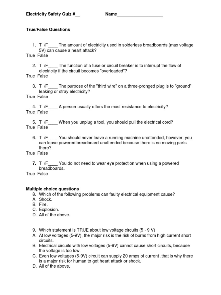 TEJ HS1 Quiz Electricity Safety Student | PDF | Electrical Resistance ...