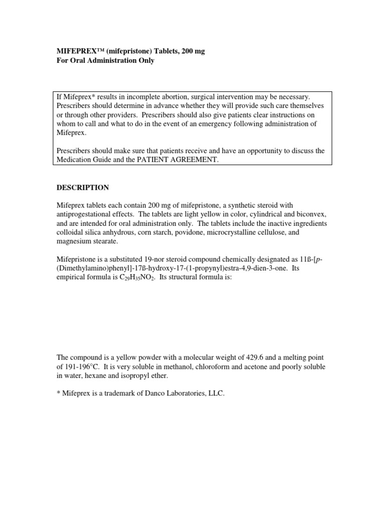 MIFEPREX™ (Mifepristone) Tablets, 200 MG For Oral Administration Only ...