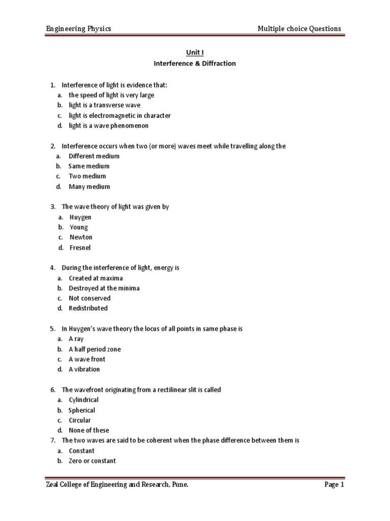 Engineering Physics Multiple Choice Questions: Unit I Interference ...
