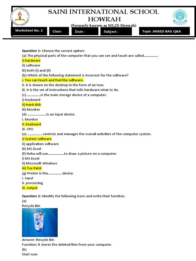 Class 3 Comp Worksheet No2 | PDF | Icon (Computing) | Computer Hardware