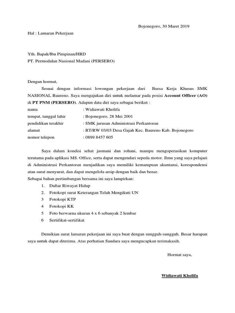 Contoh Surat Lamaran PT PNM | PDF