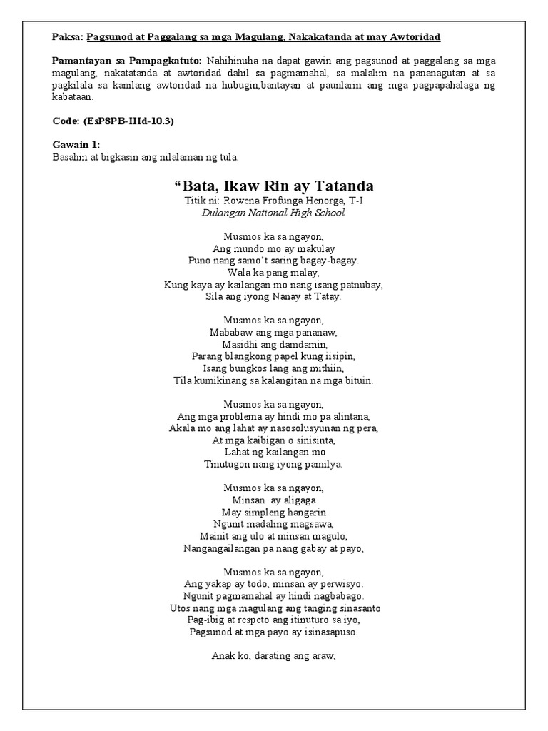 Edukasyon Sa Pagpapakatao 8:isang TULA: Pagsunod at Paggalang Sa Mga ...