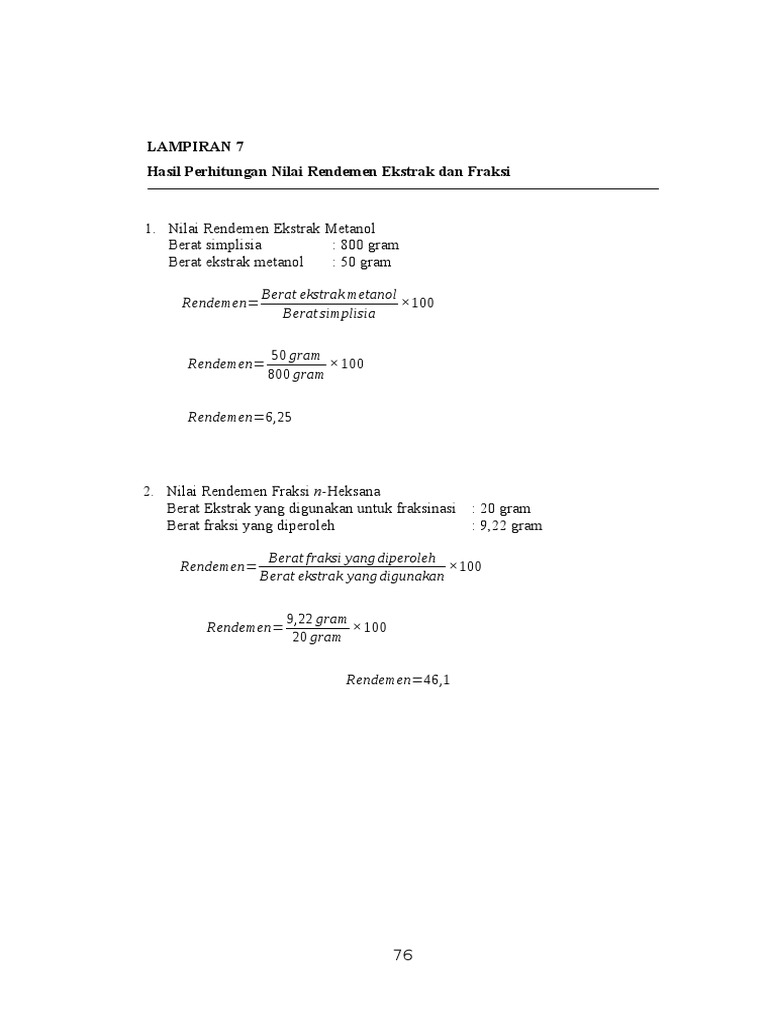 Lampiran 7 Hasil Perhitungan Nilai Rendemen Ekstrak Dan Fraksi | PDF