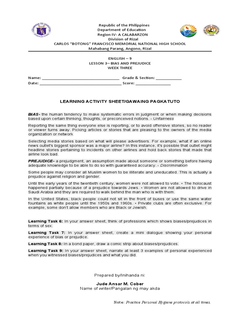 Learning Activity Sheet/Gawaing Pagkatuto | PDF | Bias | Prejudices
