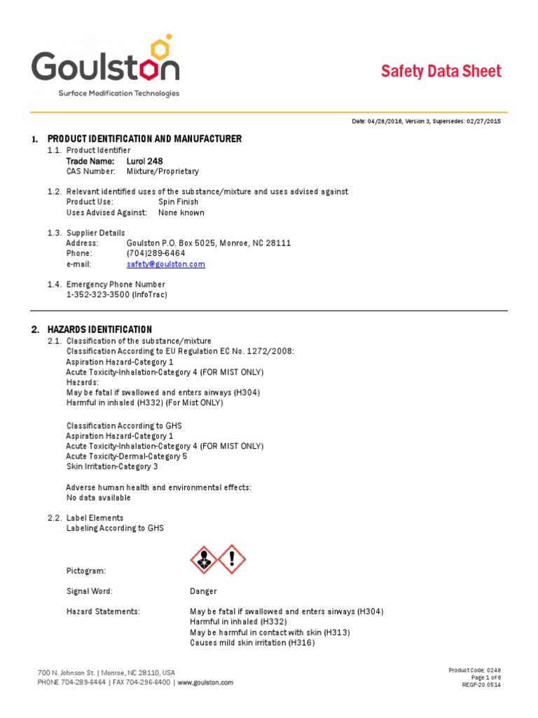 Safety Data Sheet: Product Identification and Manufacturer | PDF ...