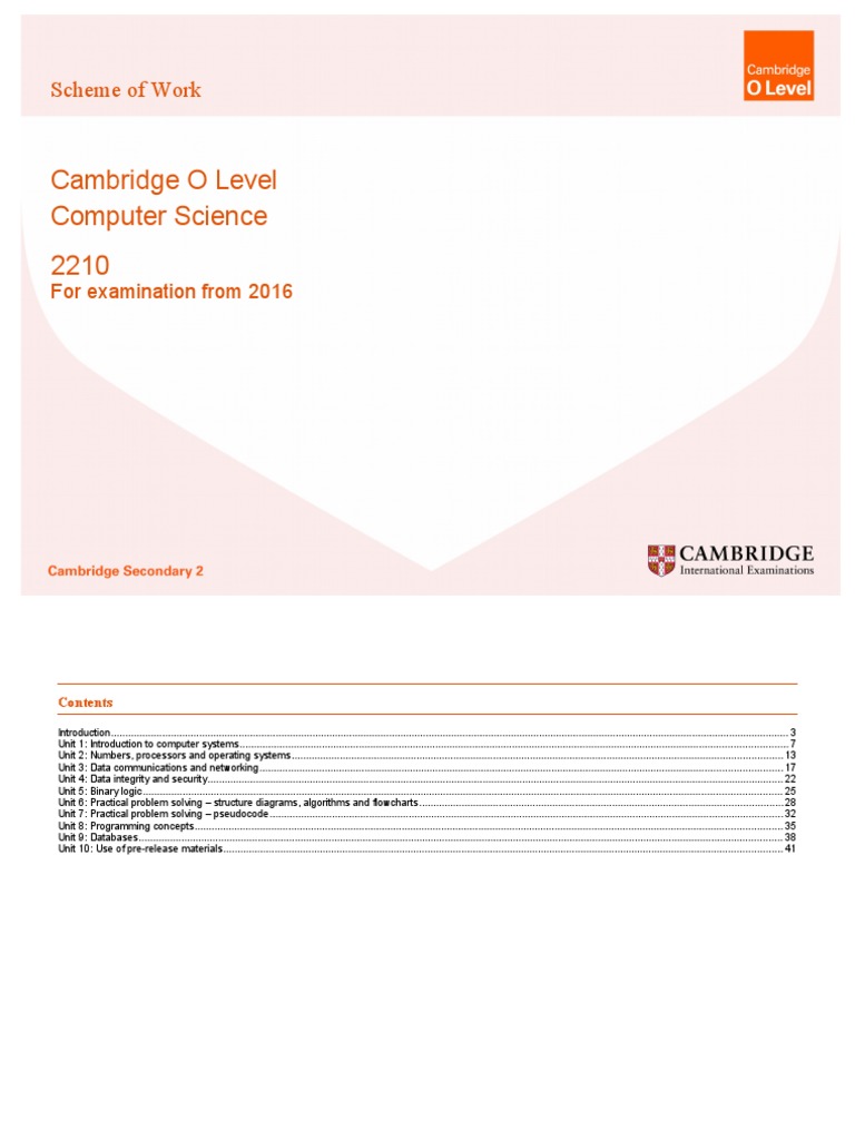 Cambridge O Level Computer Science 2210: Scheme of Work | PDF ...