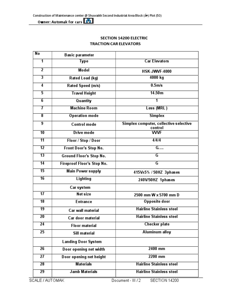 Car Elevators Spec | PDF | Elevator | Electric Motor
