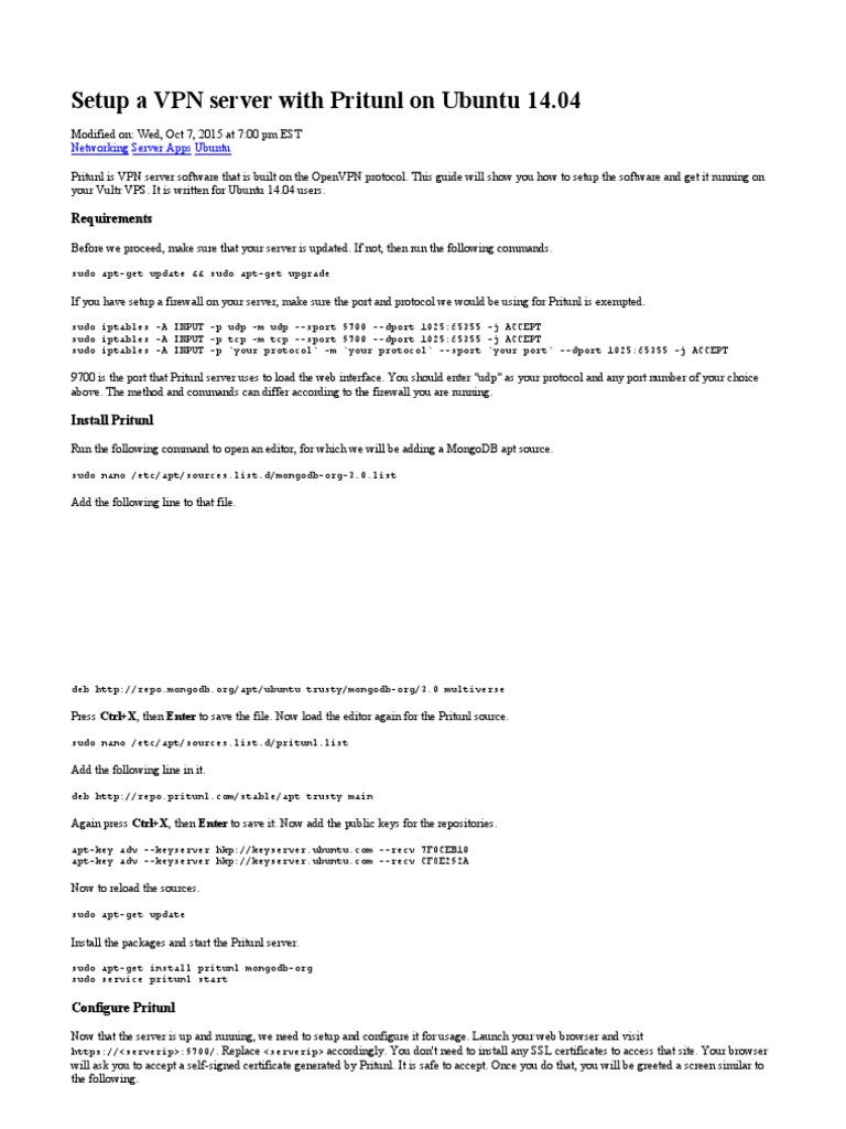 Setup A VPN Server With Pritunl On Ubuntu 14 | PDF | System Software | Software