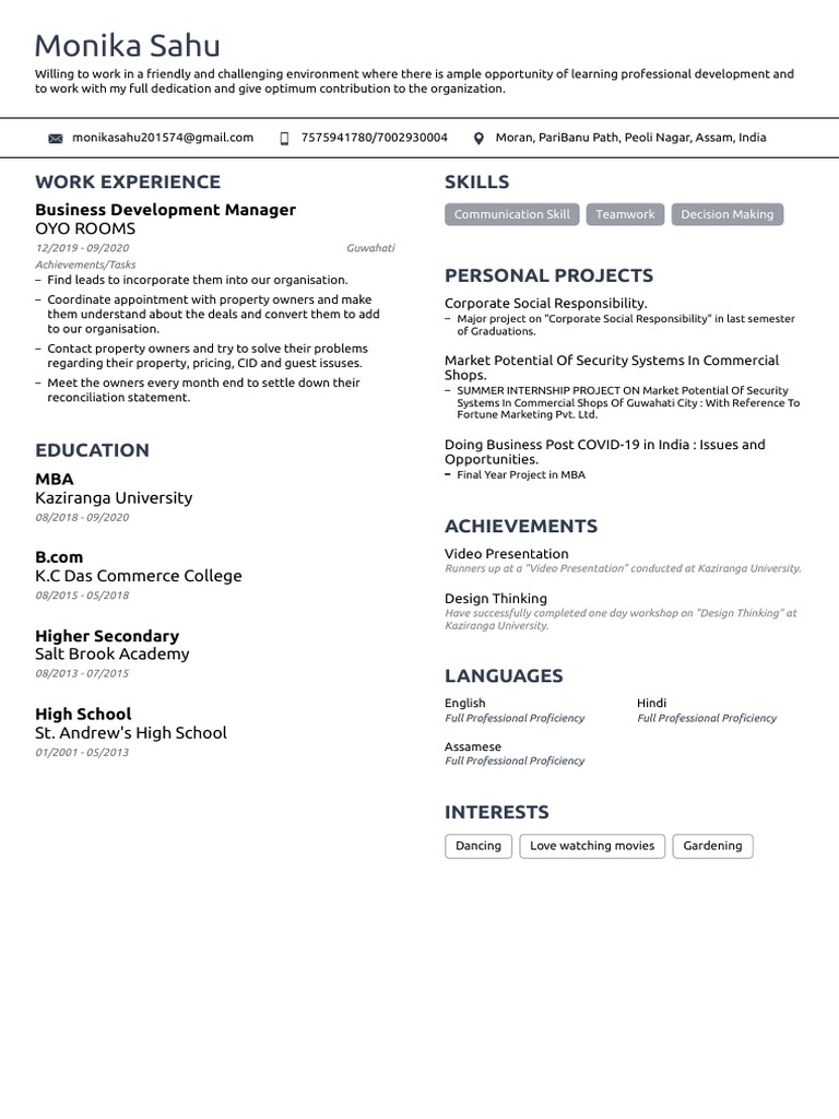 Monika Sahu: Work Experience Skills | PDF | Human Nature | Cognition