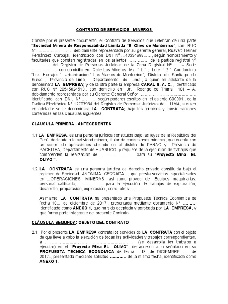 Contrato de Locacion de Servicios Con Contrata Minera | PDF | Póliza de seguros | Derecho laboral