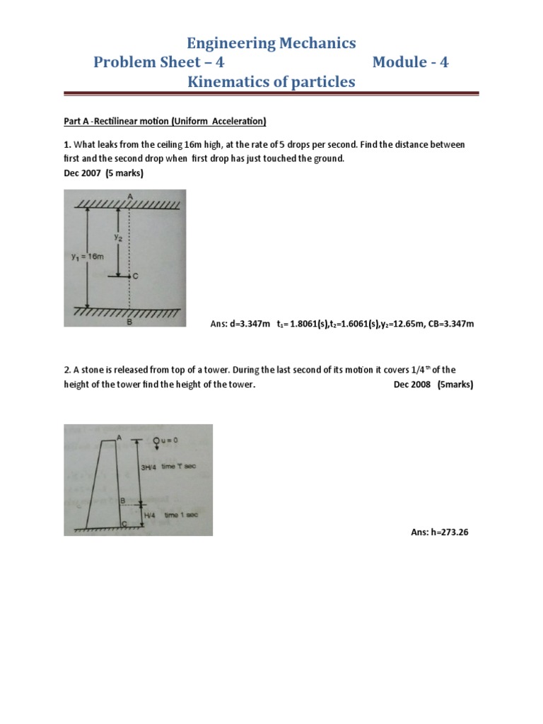 Engineering Mechanics Problem Sheet - 4 Module - 4 Kinematics of Particles | PDF | Acceleration ...