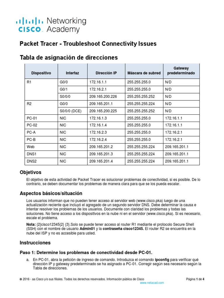 17.7.7 Packet Tracer - Troubleshoot Connectivity Issues - Es XL | PDF | Gateway ...