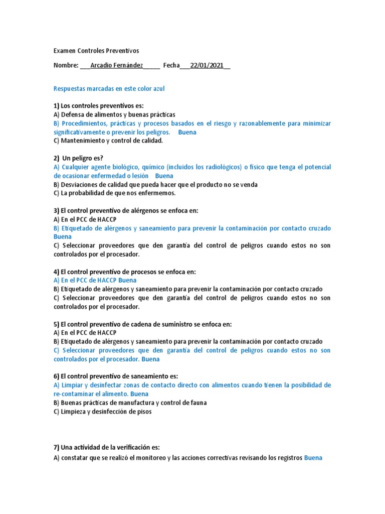 Examen Controles Preventivos SEMINARIO FSPCA 2021 LABWA | PDF ...