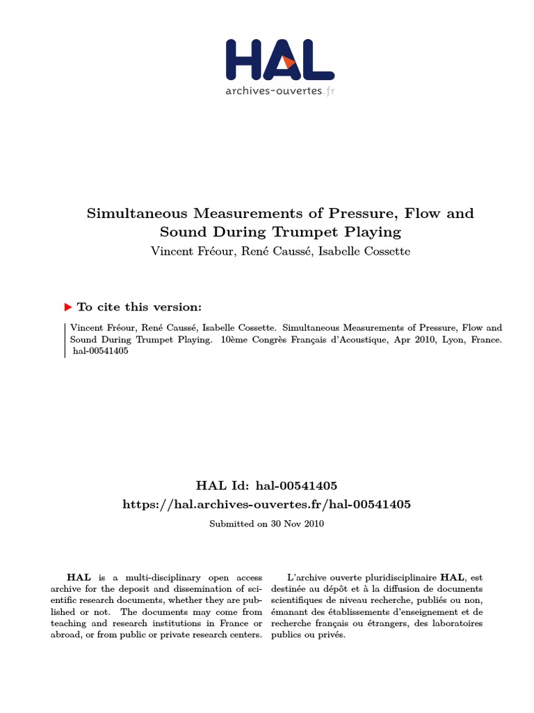 Simultaneous Measurements of Pressure, Flow and Sound During Trumpet ...