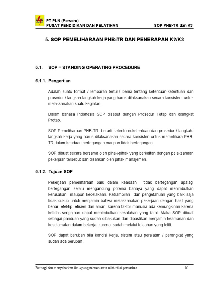 Sop Pemeliharaan PHB-TR Dan Penerapan K2 K3 | PDF