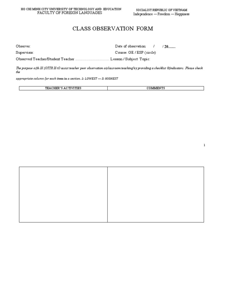 Classroom Observation Form Template | PDF | Teachers | Pedagogy