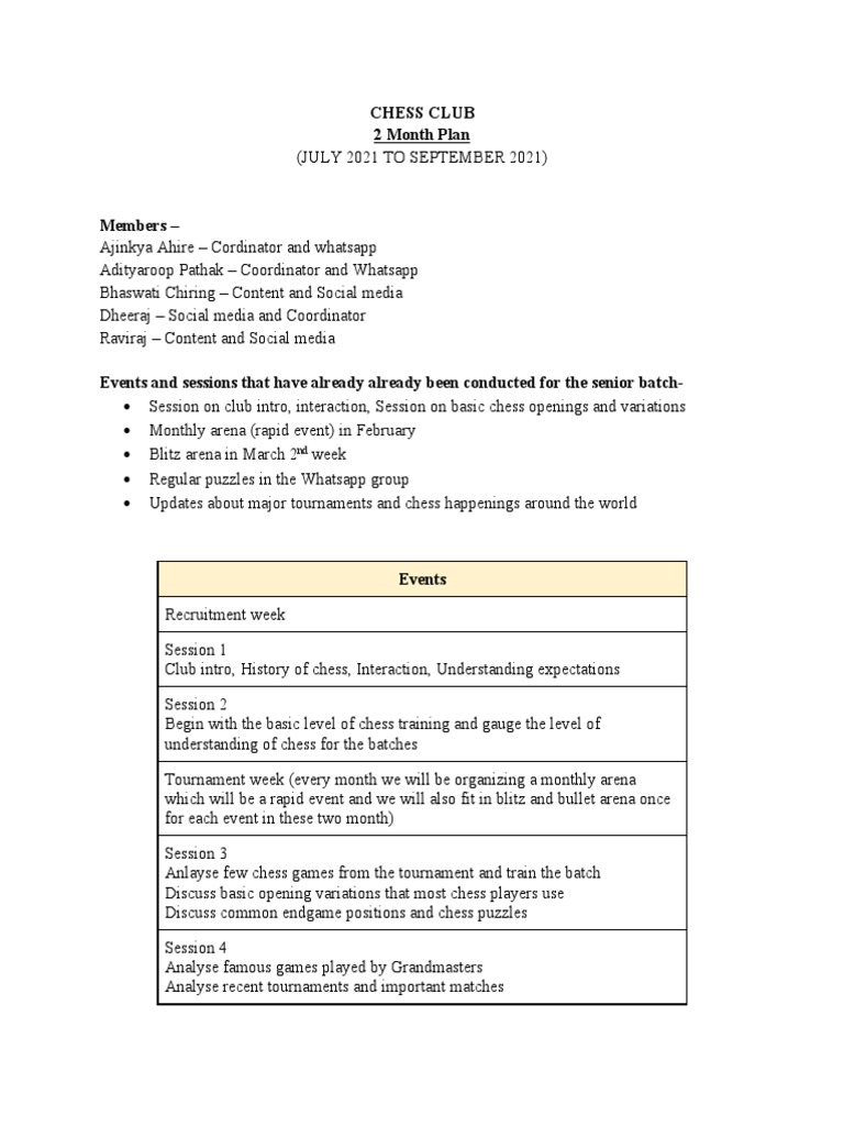 Chess Club 2-Month Activity Plan | PDF | Chess | Abstract Strategy Games