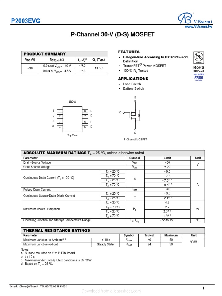 P2003EVG: P-Channel 30-V (D-S) MOSFET | PDF | Field Effect Transistor ...