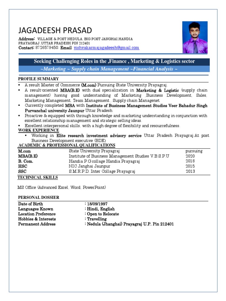 Seeking Challenging Roles in Finance, Marketing, and Logistics: Resume of Jagadeesh Prasad ...
