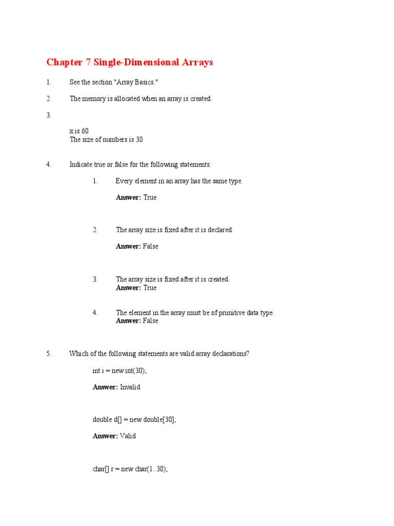 Chapter 7 Single-Dimensional Arrays: Answer: True | PDF | Array Data Structure | Parameter ...