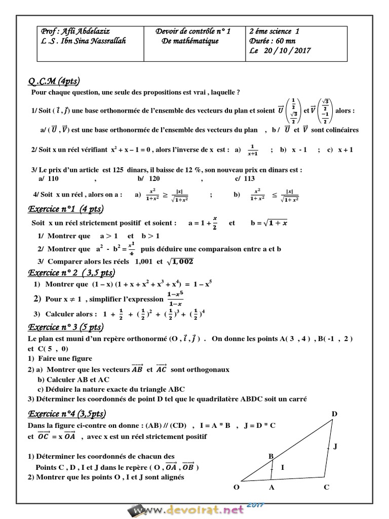 Devoir de Contrôle N°1 - Math - 2ème Sciences (2017-2018) MR Afli ...
