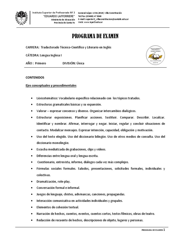 Examen Lengua Inglesa I: Contenidos y Requisitos | PDF | Lingüística ...