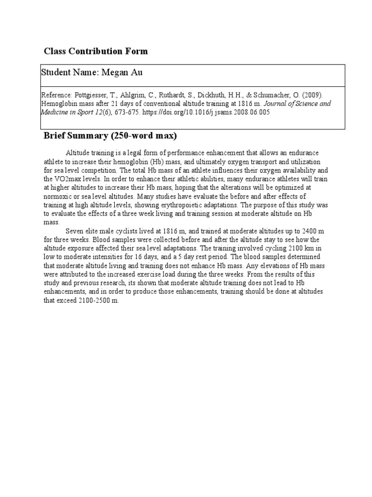 Student Name: Megan Au: Class Contribution Form | PDF | Self ...