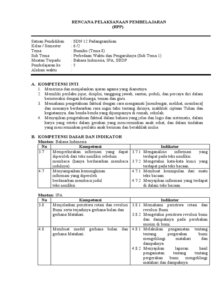 RPP Kelas 6 Tema 8 Sub 1 Pem 5 | PDF