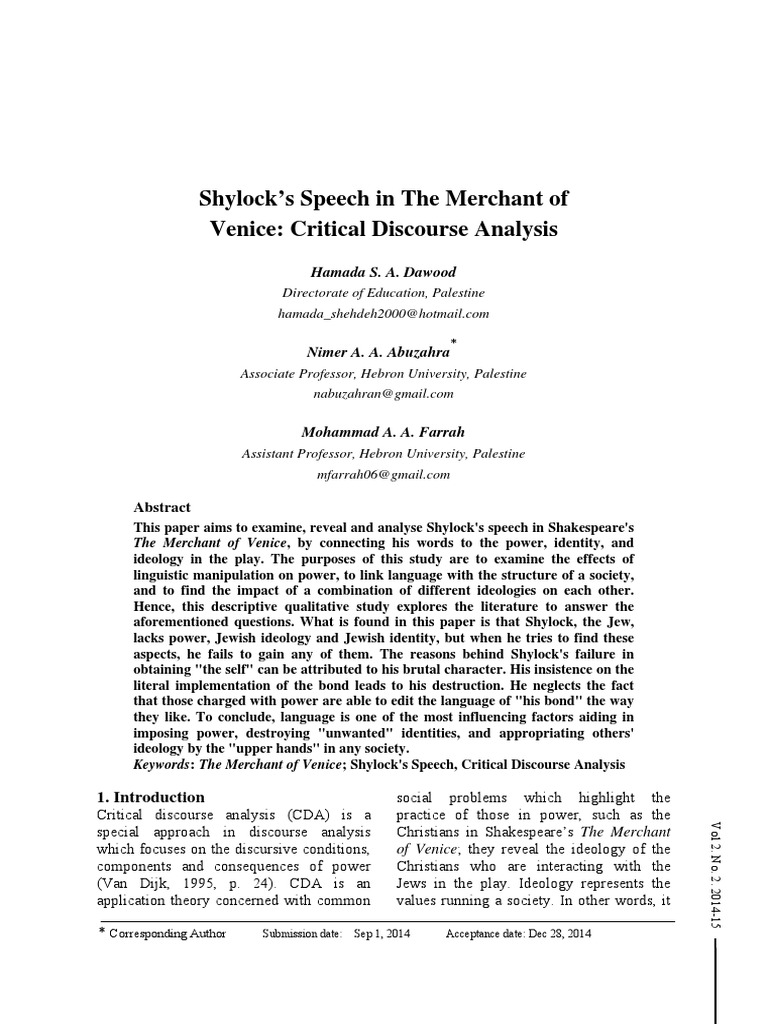 Shylocks-Speech in The Merchant of Venice Critical Analysis of ...
