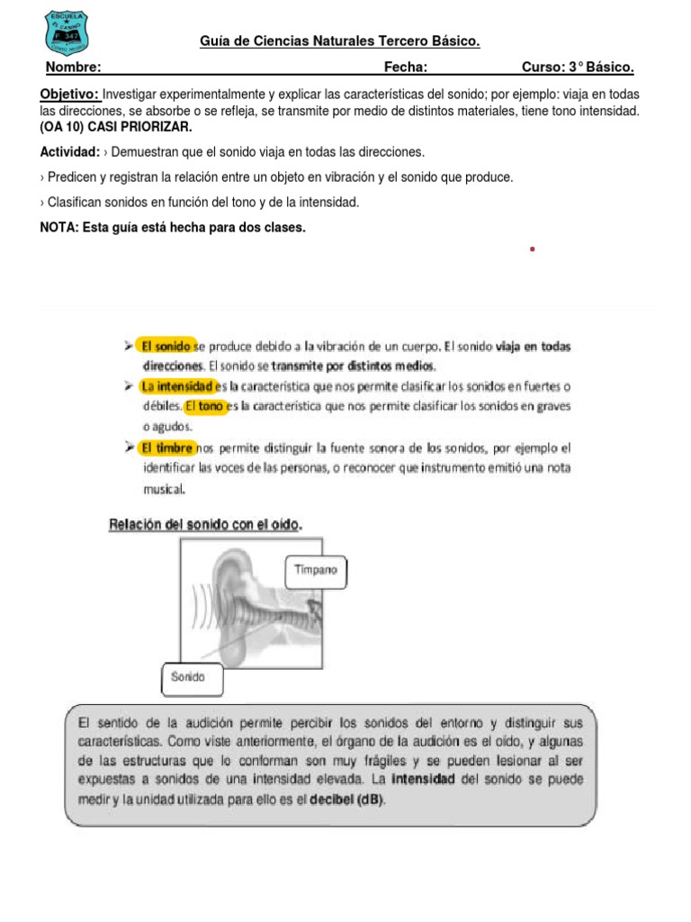 Guía de Ciencias Naturales Tercero Básico El Sonido | PDF