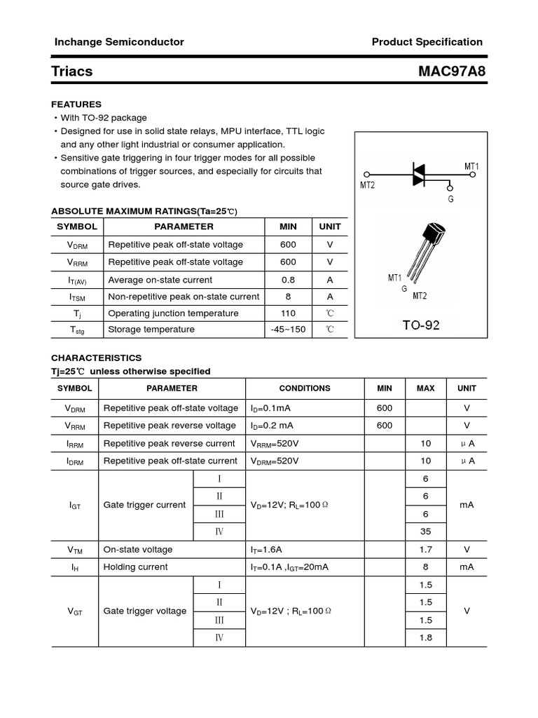 Triacs Mac97A8: Inchange Semiconductor Product Specification | PDF ...