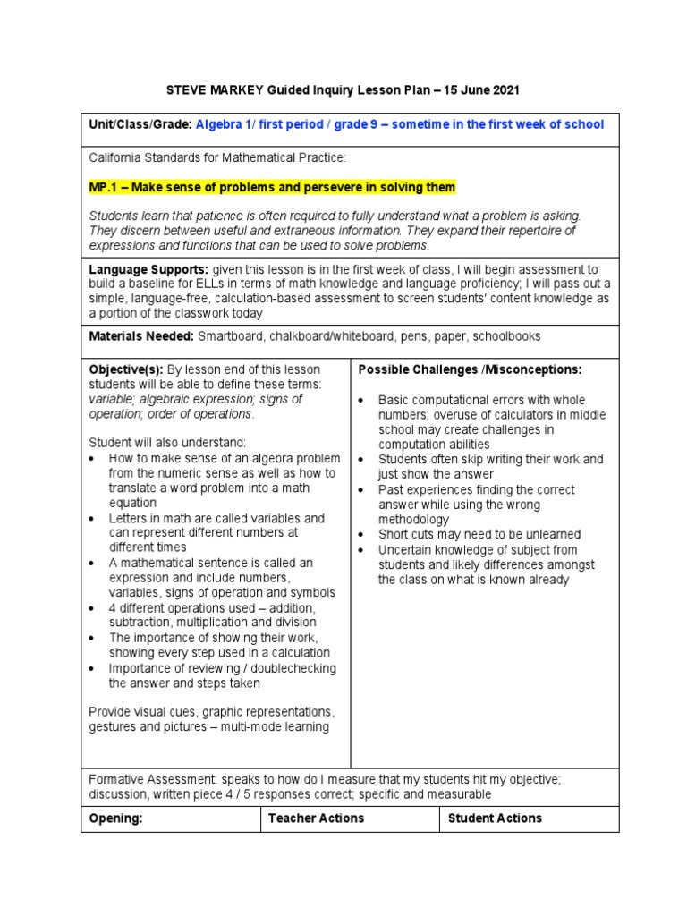 Markey Guided Inquiry Lesson Plan v1 | PDF | Teaching Mathematics ...