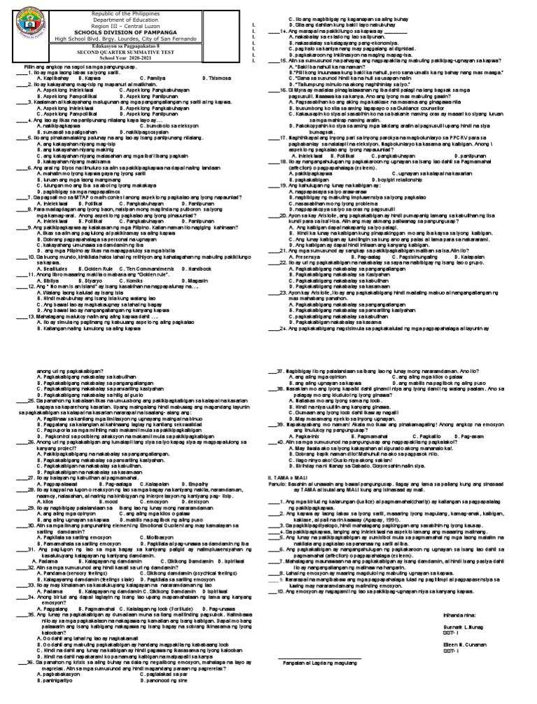 ESP 8 Q2 Summative Test | PDF