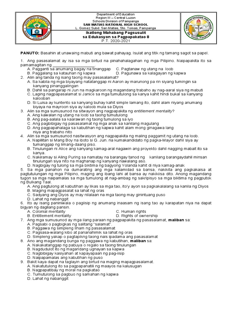 EsP 8 Q3 Summative Test | PDF