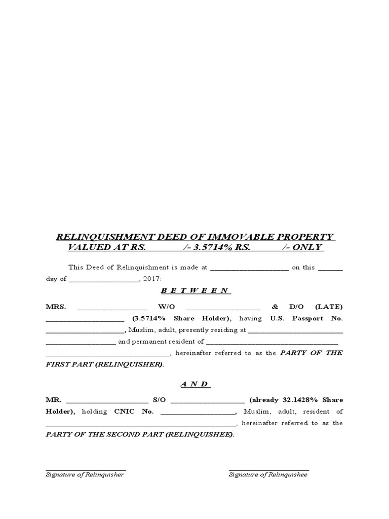 Relinquishment Deed of Immovable Property Valued at Rs. /-3.5714% Rs. / - Only | PDF | Civil Law ...