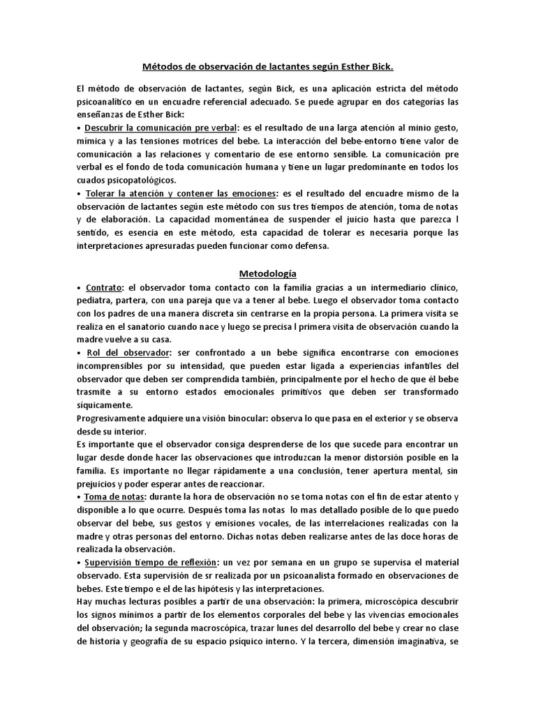 Métodos de Observación de Lactantes Según Esther Bick | PDF | Psique ...