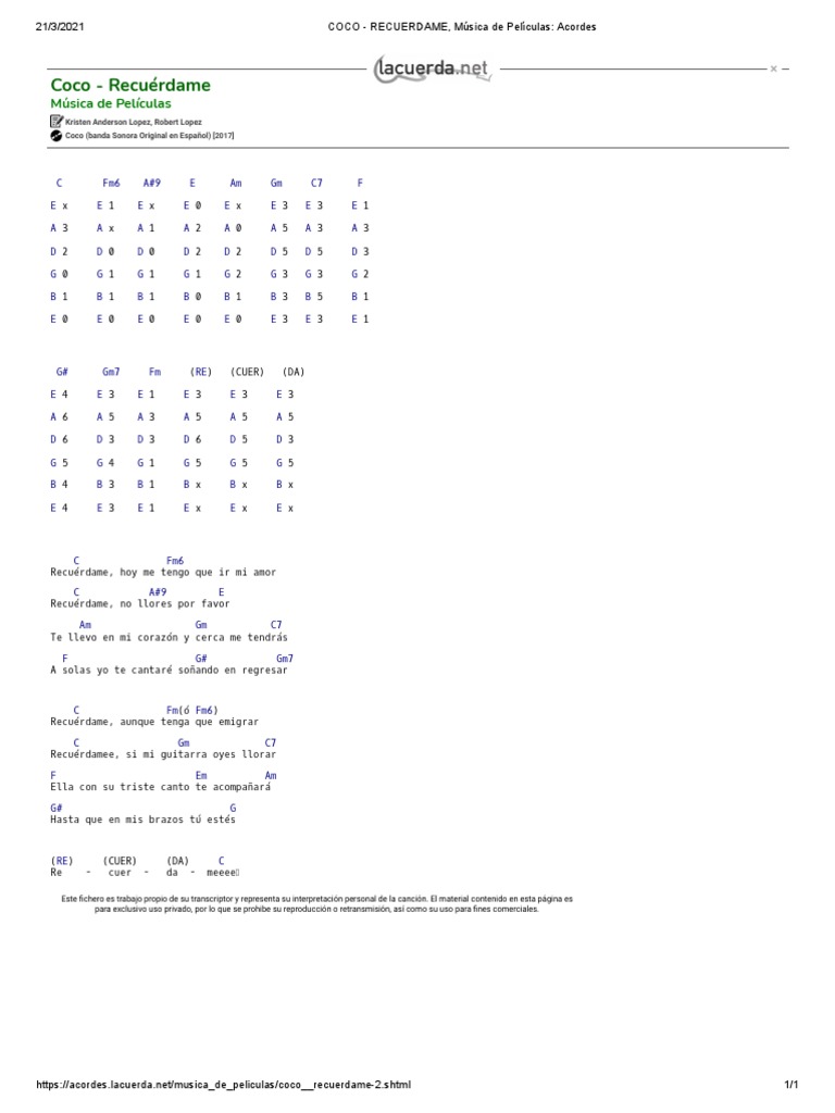 COCO - RECUERDAME, Música de Películas - Acordes | PDF ...